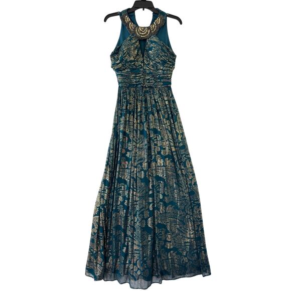 Cachet | Dresses | Cachet Teal Gold Beaded Sequin Formal Maxi Gown ...